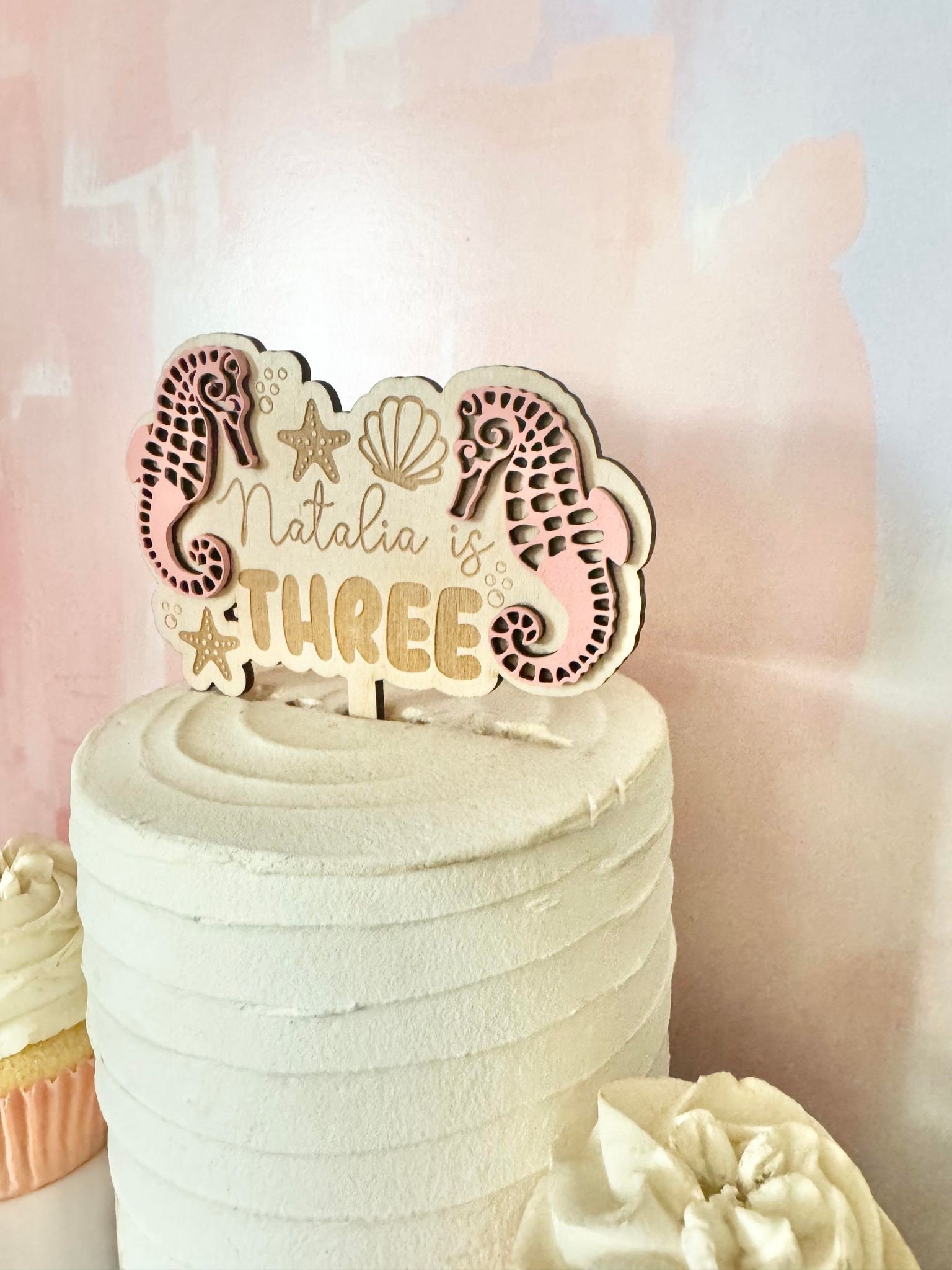 First Birthday Wooden Cake Topper, Seashell Seahorse Cake Topper, Under ...