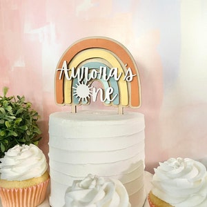 Sun ONE Rainbow Cake Topper With Custom Name, First Birthday Decorations, 3D Wood Cake Topper ...