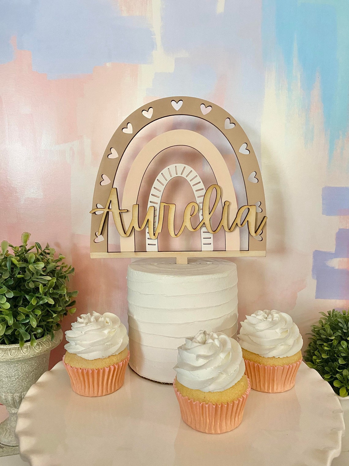 Boho Rainbow Cake Topper Neutral Personalized Rainbow Cake - Etsy