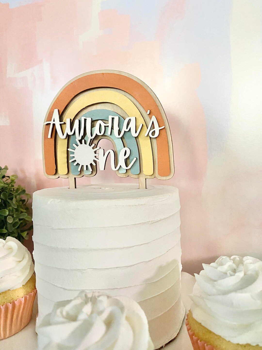 Sun ONE Rainbow Cake Topper With Custom Name, First Birthday Decorations, 3D Wood Cake Topper ...