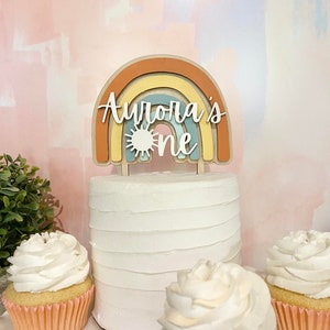 Sun ONE Rainbow Cake Topper With Custom Name, First Birthday Decorations, 3D Wood Cake Topper ...