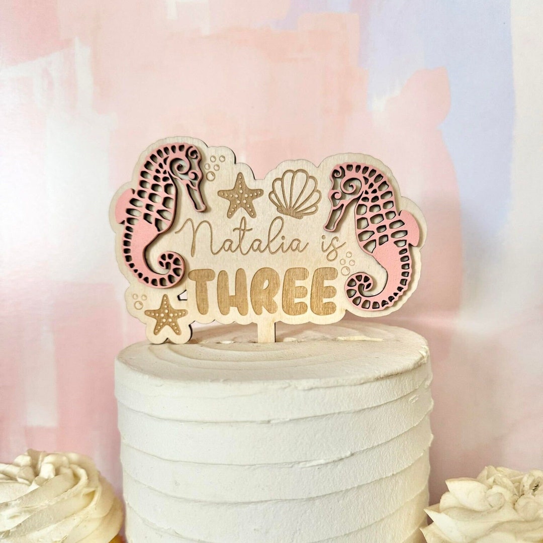 First Birthday Wooden Cake Topper, Seashell Seahorse Cake Topper, Under ...