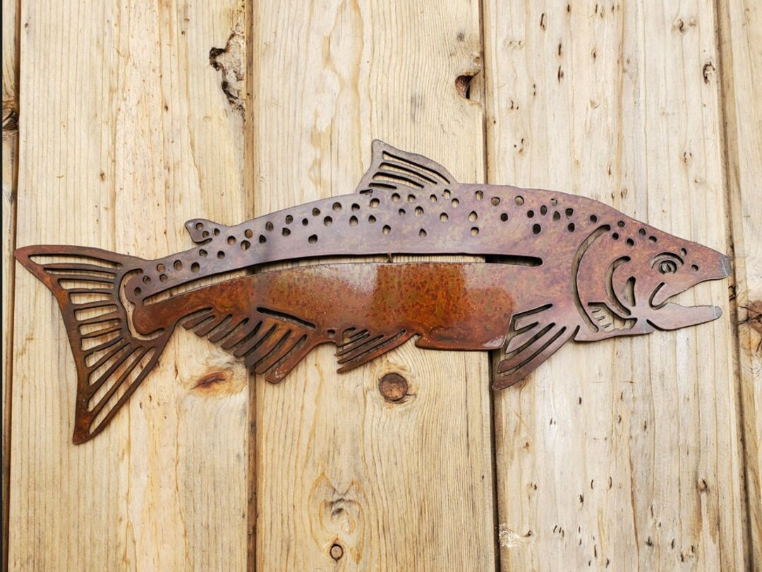 Iron Salmon Trout Fish | Metal Fish Art ~ Rusted Flat Wall Decor Yard ...