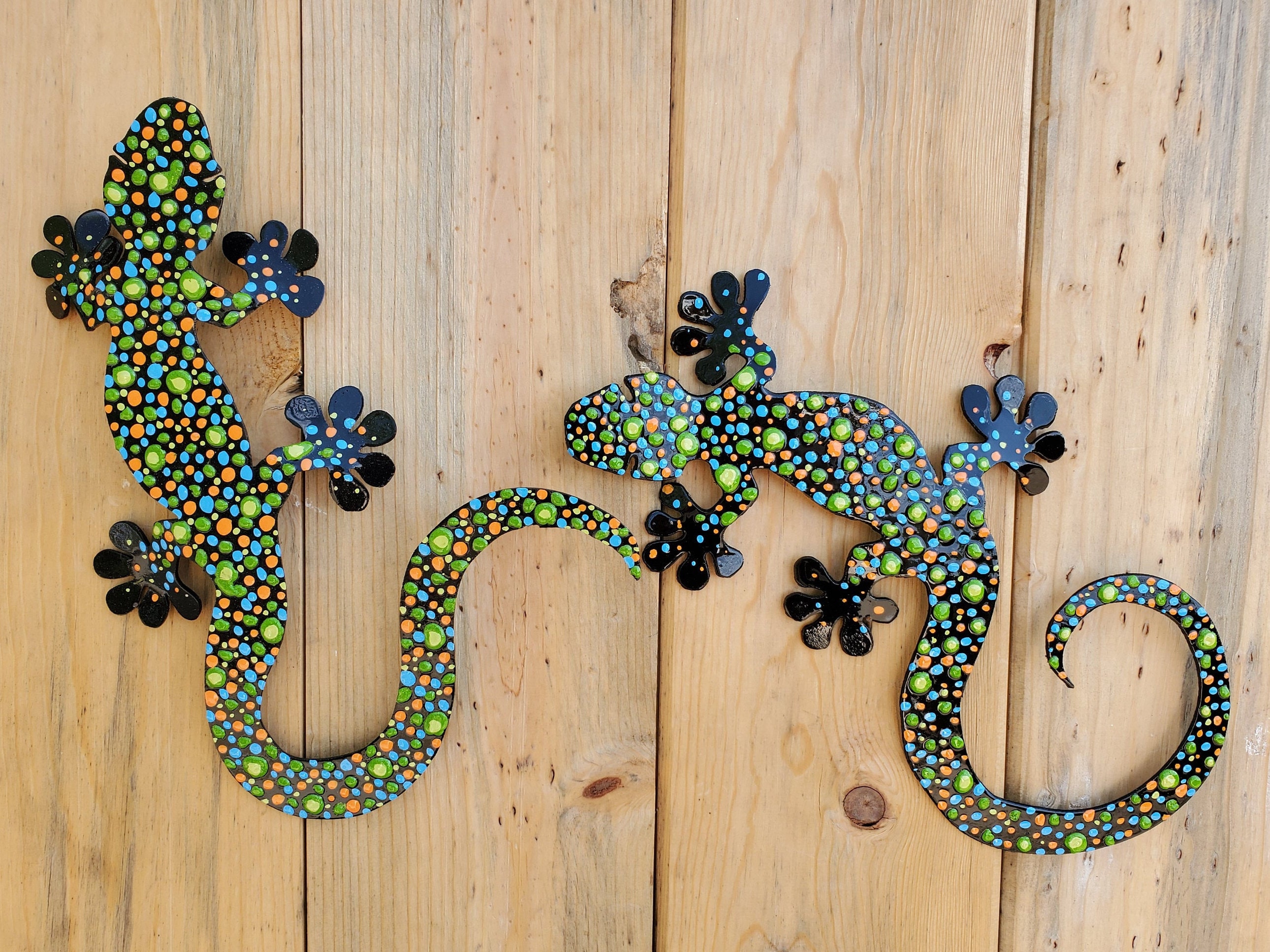 Hand Painted Iron Gecko Metal Art Green Blue Wall Mounted - Etsy