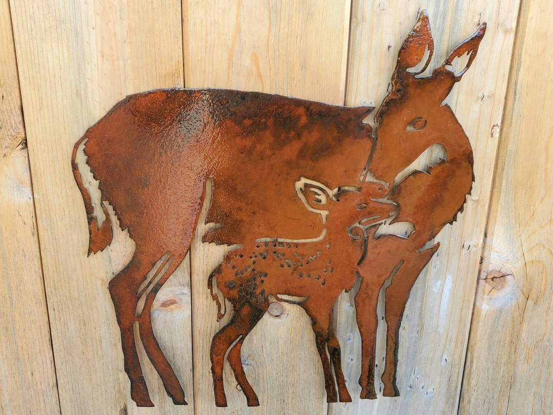 Iron Deer With Fawn | Metal Wall Art ~ Flat Rusted Metal Art Yard Patio ...