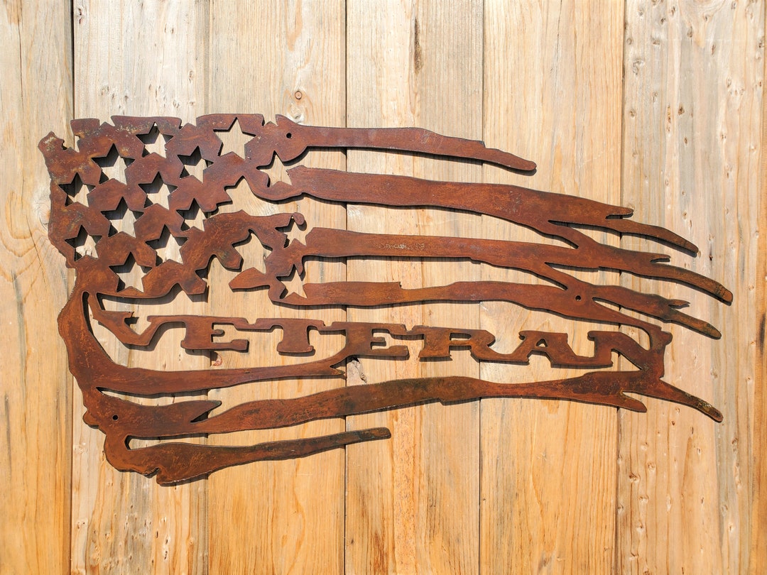 Iron American Veteran Flag | Metal Wall Art ~ Mounted Rusted Yard Decor ...