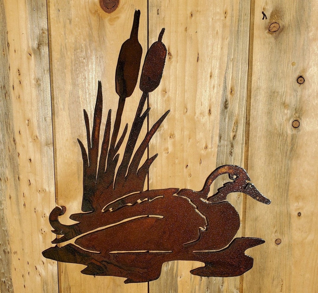 Iron Duck & Cattails | Metal Wall Art ~ Flat Mounted Rusted Yard Decor ...