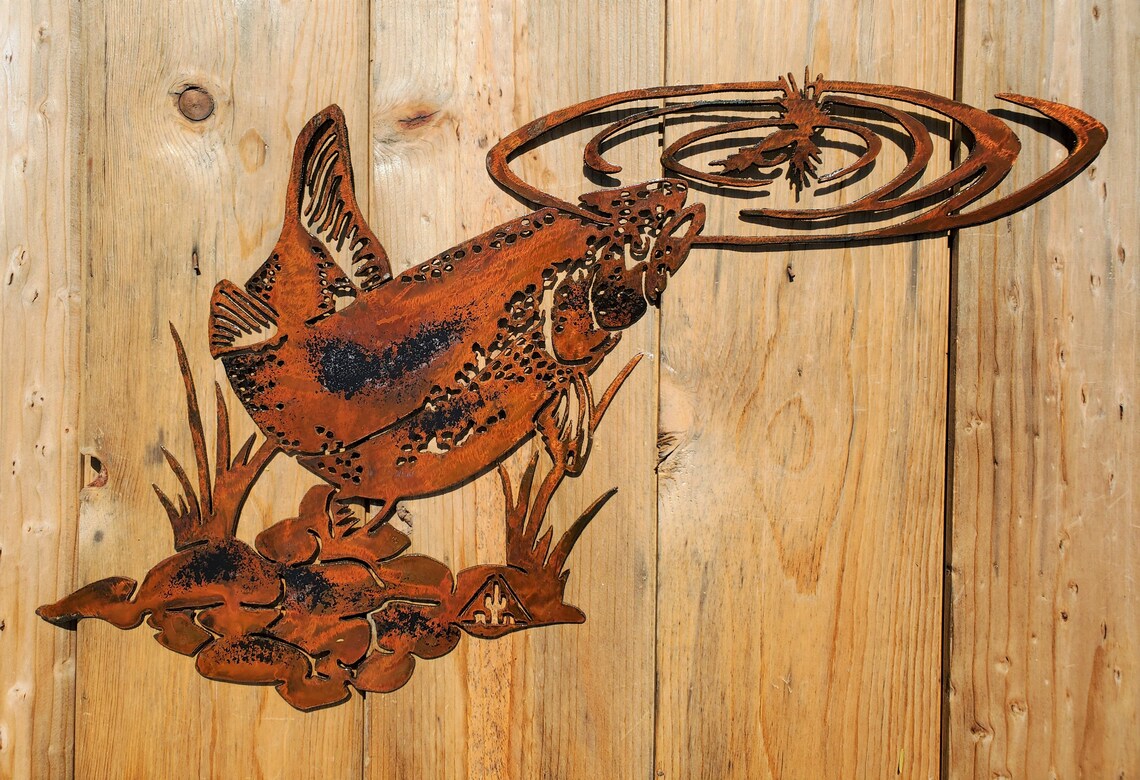 Iron Trout Hitting Topwater | Metal Fish Art ~ Rusted Flat Wall Decor ...