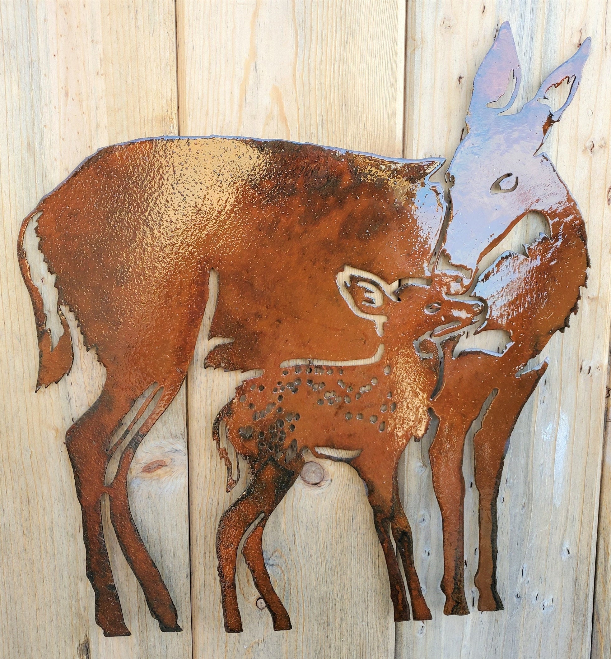 Iron Deer With Fawn | Metal Wall Art ~ Flat Rusted Metal Art Yard Patio ...
