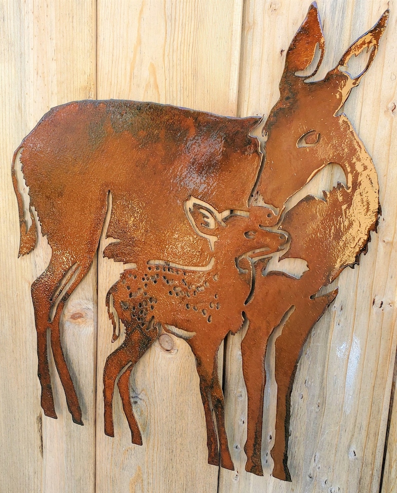 Iron Deer With Fawn | Metal Wall Art ~ Flat Rusted Metal Art Yard Patio ...