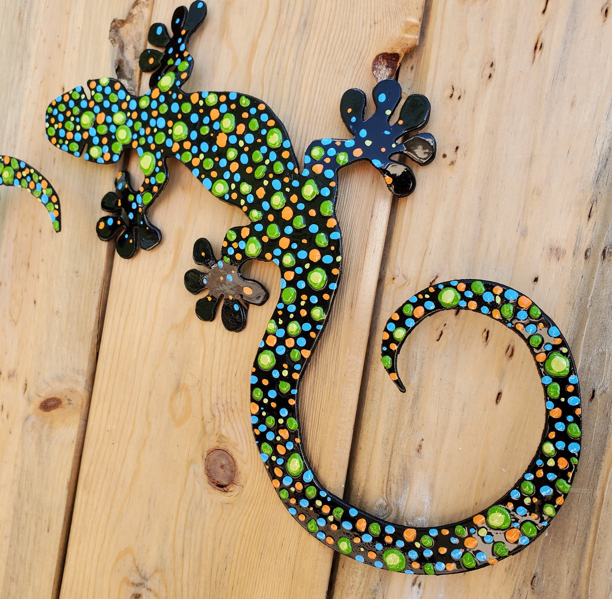 Hand Painted Iron Gecko Metal Art Green Blue Wall Mounted - Etsy