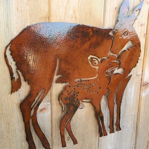 Iron Deer With Fawn | Metal Wall Art ~ Flat Rusted Metal Art Yard Patio ...
