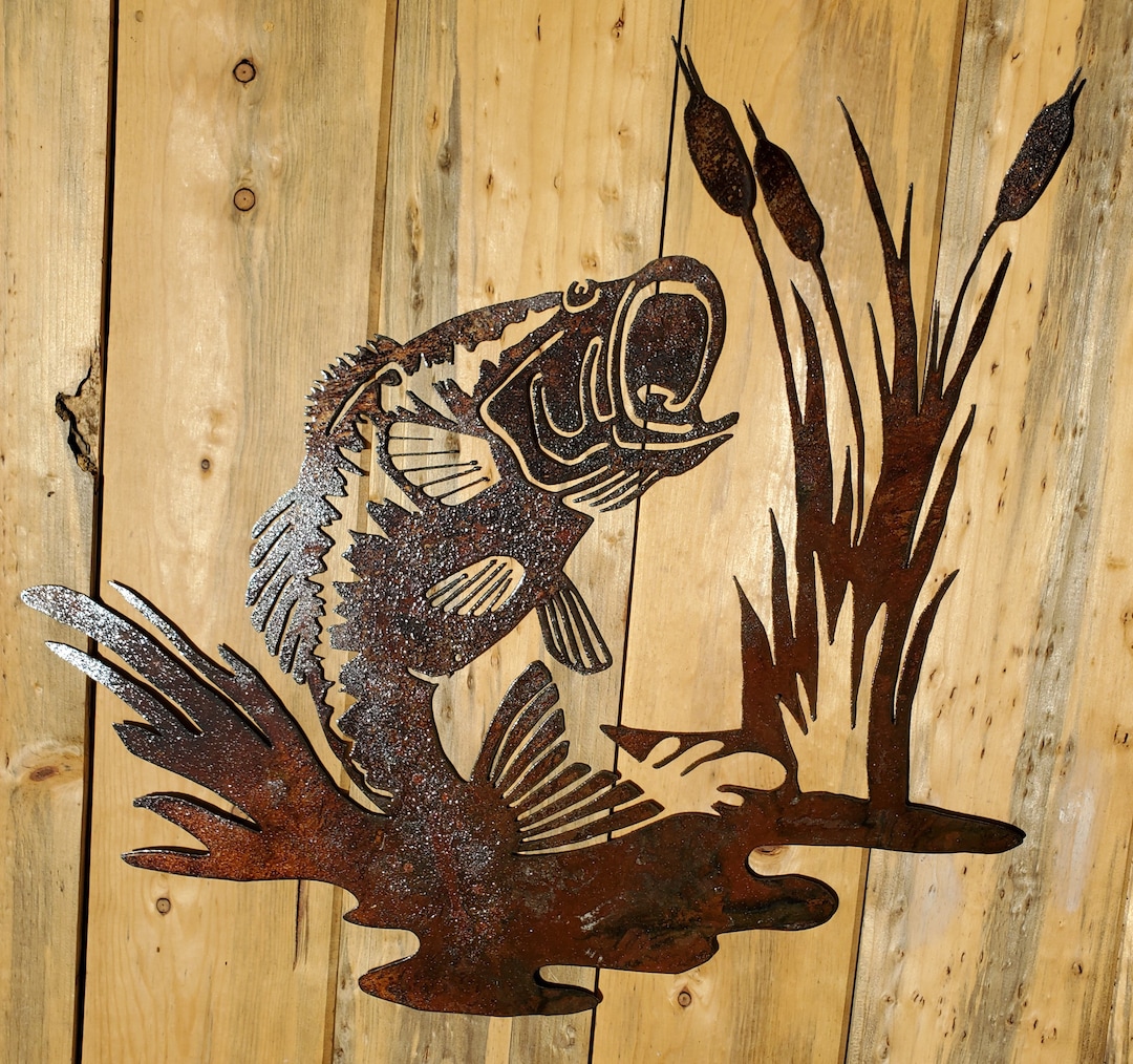 Iron Largemouth Bass | Metal Fish Art ~ Rusted Flat Wall Decor Yard ...
