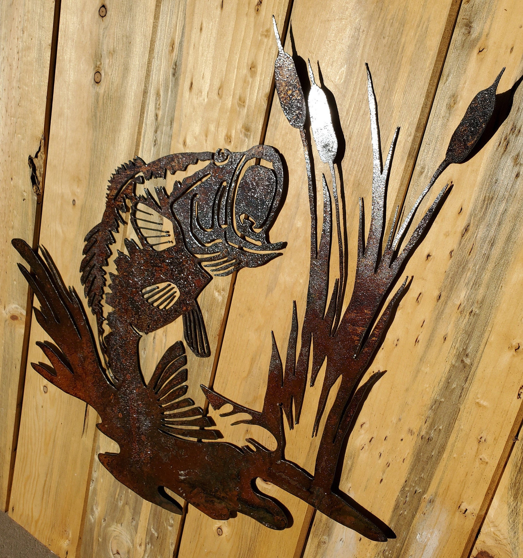 Iron Largemouth Bass | Metal Fish Art ~ Rusted Flat Wall Decor Yard ...