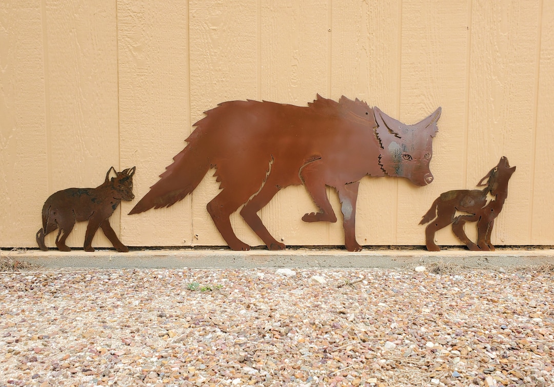 Iron Coyote With Cubs | Metal Wall Art ~ Mounted Rusted Southwest ...