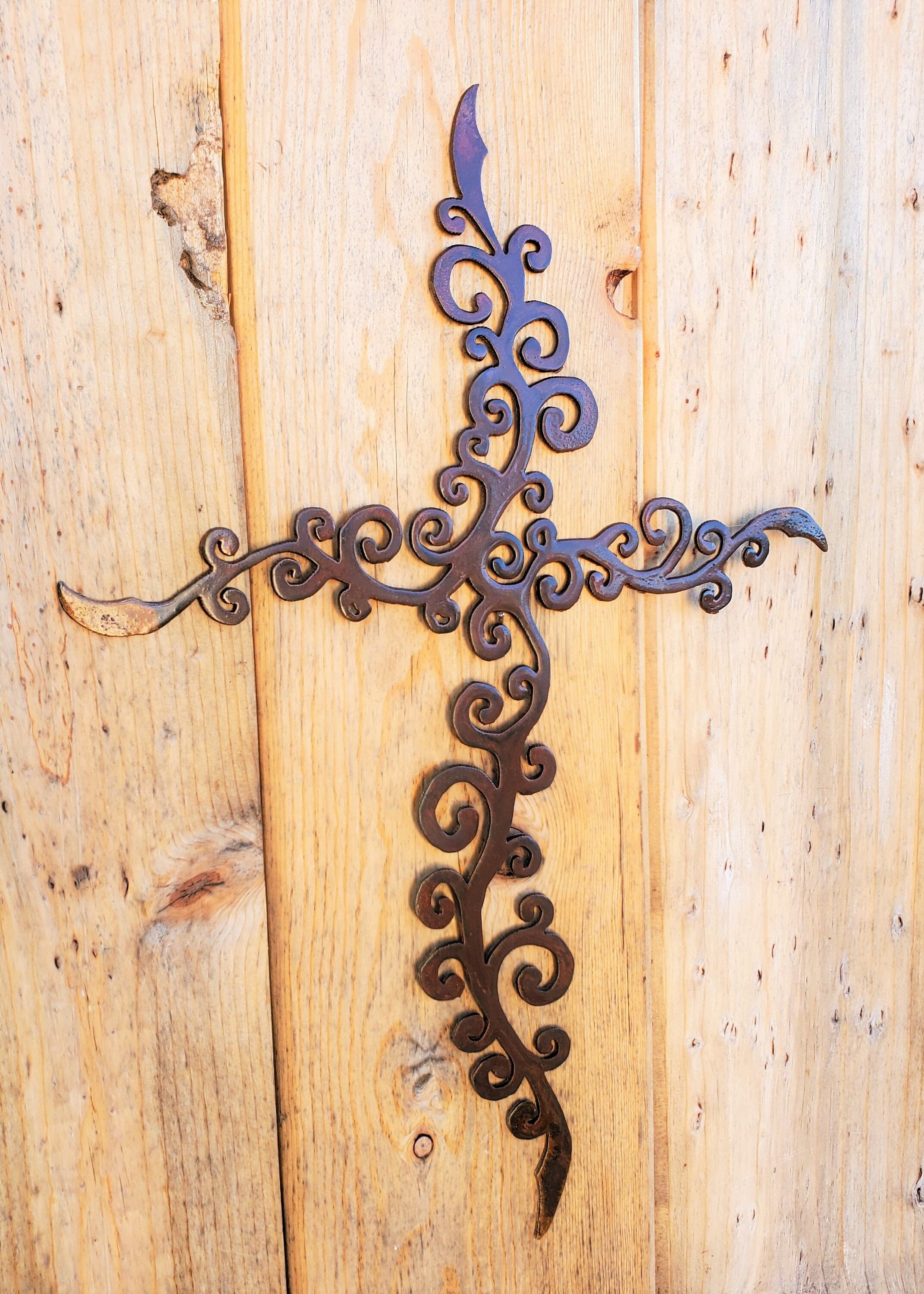 Iron Cross Curly | Metal Wall Decor ~ Art Flat Crucifix Mounted Rusted ...