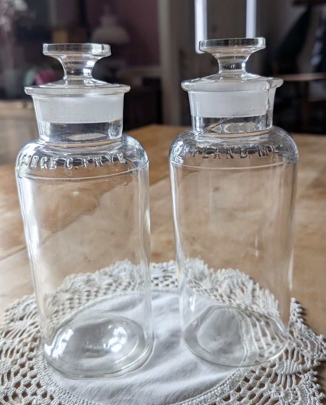 TWO Antique 8" Apothecary Jars George C. Frye, Portland, ME. by Whitall ...