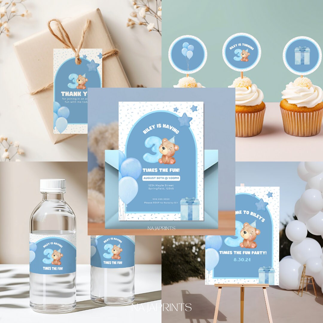 BUNDLED Personalized "3 Times the Fun" 3rd Birthday Party Products for ...