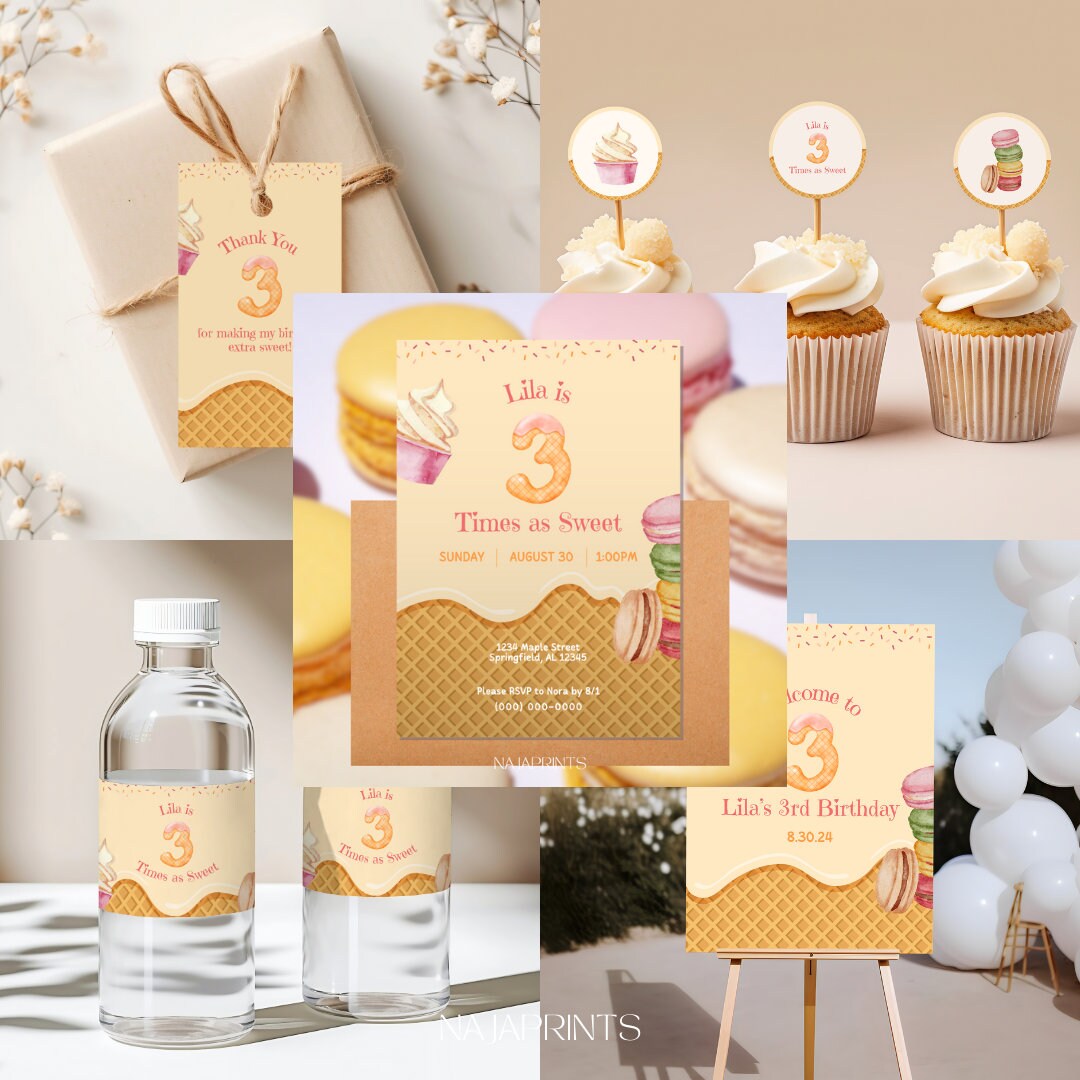 BUNDLED Personalized "3 Times as Sweet" 3rd Birthday Party Products for ...