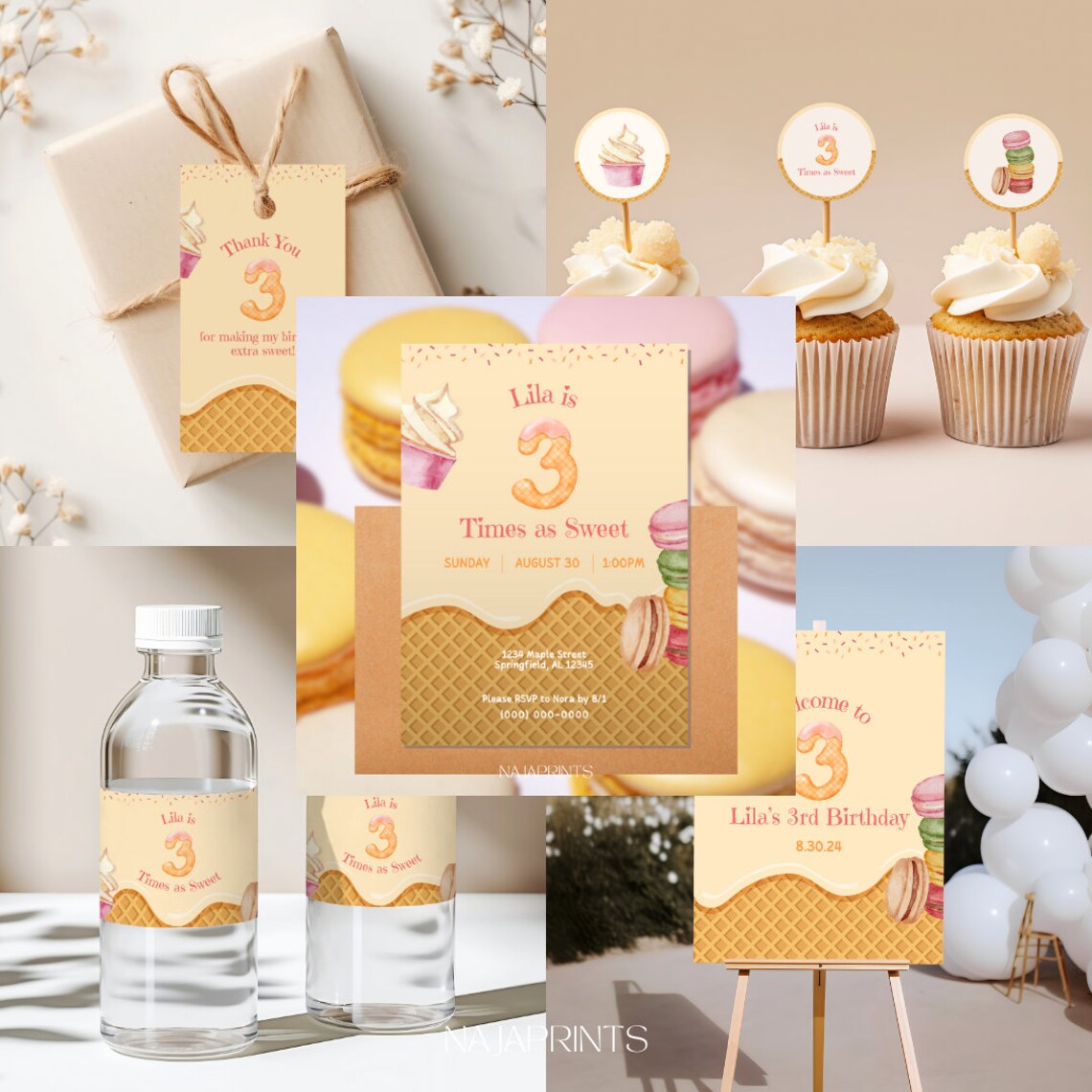 BUNDLED Personalized "3 Times as Sweet" 3rd Birthday Party Products for ...