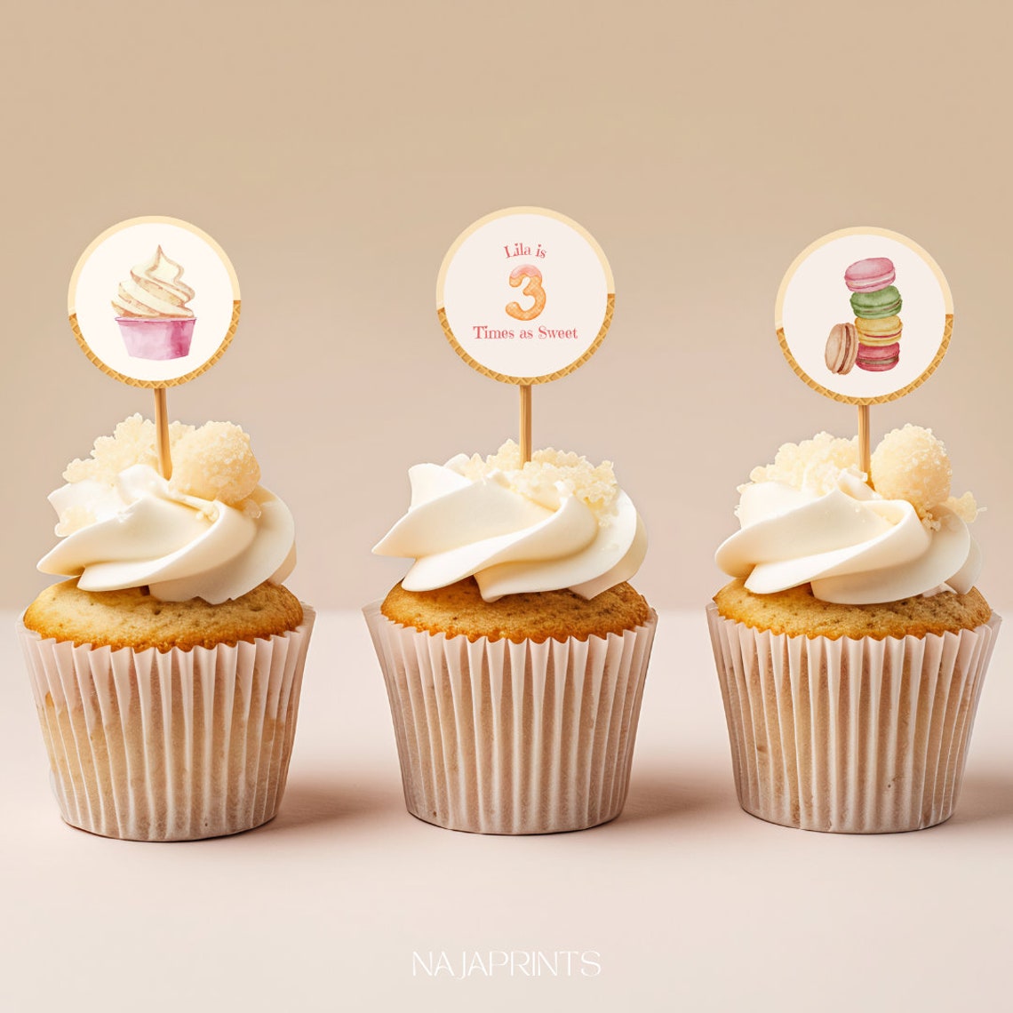 Personalized "3 Times as Sweet" 3rd Birthday Party Cupcake Toppers for ...