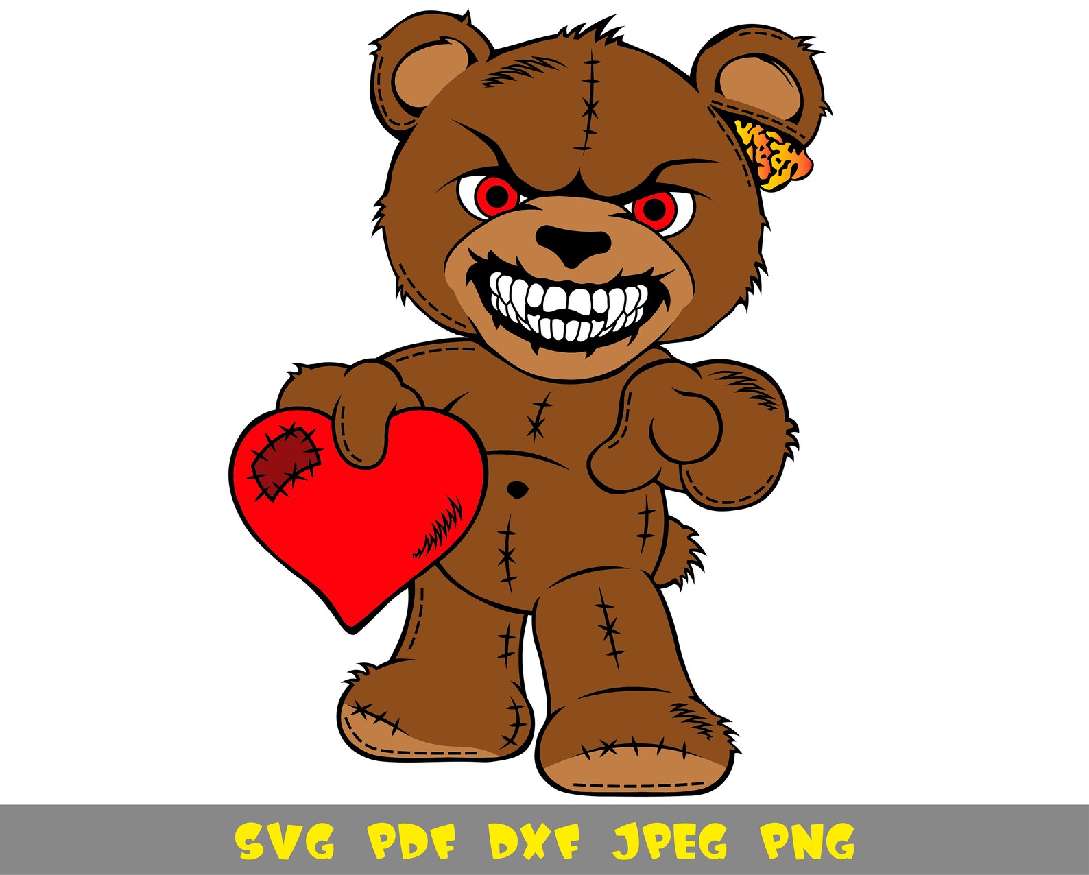 Brown angry teddy bear with red eyes and heart svg png pdf | Etsy