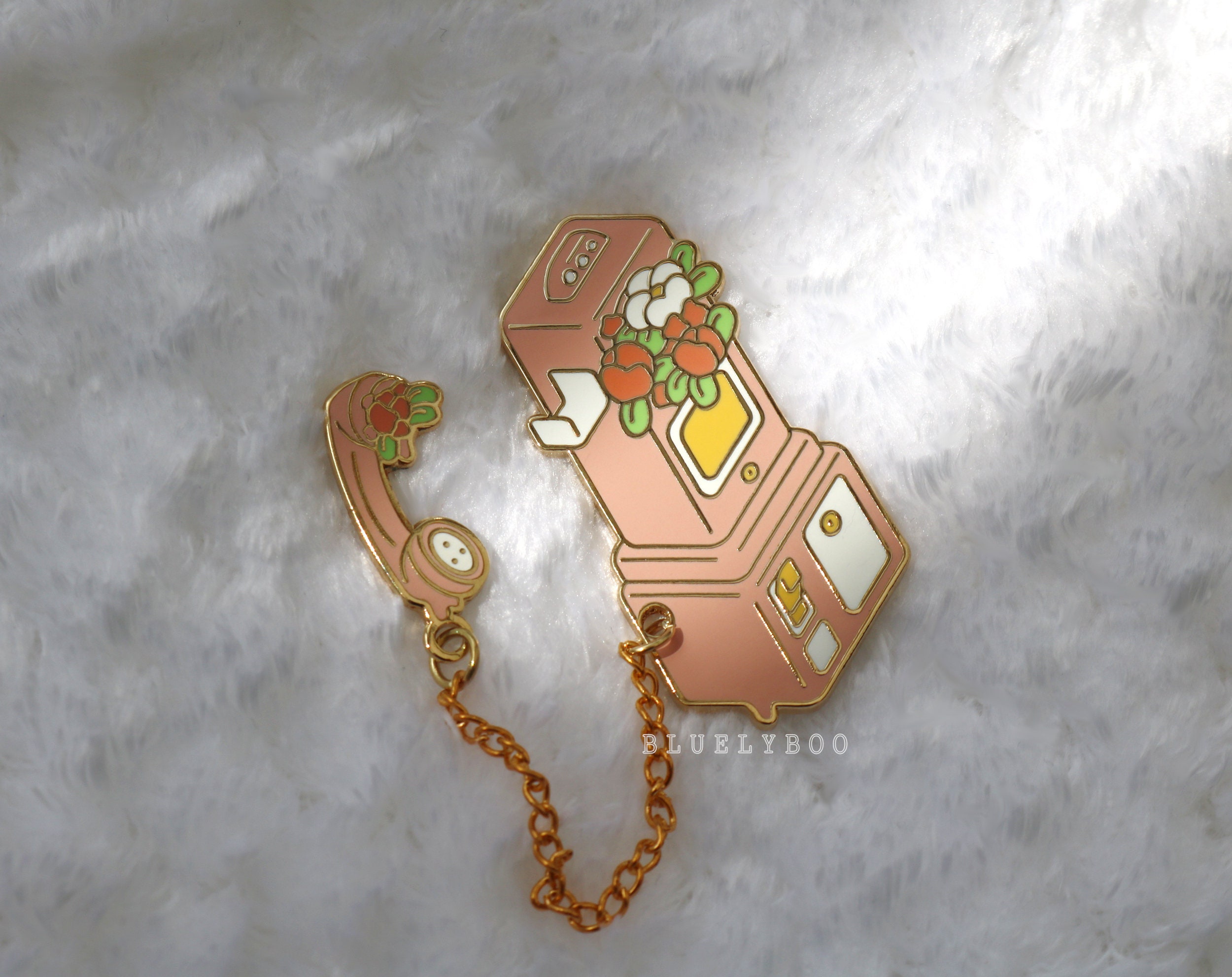 Pink Phone Enamel Pin - Aesthetic Cute Pastel Flowers Kawaii Gold Chain ...