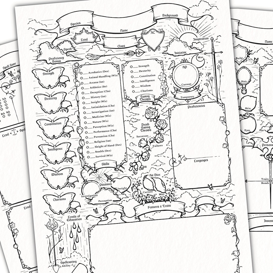 D&D Character Sheet - Illustrated Printable Dnd Nature Gothic Flowery ...