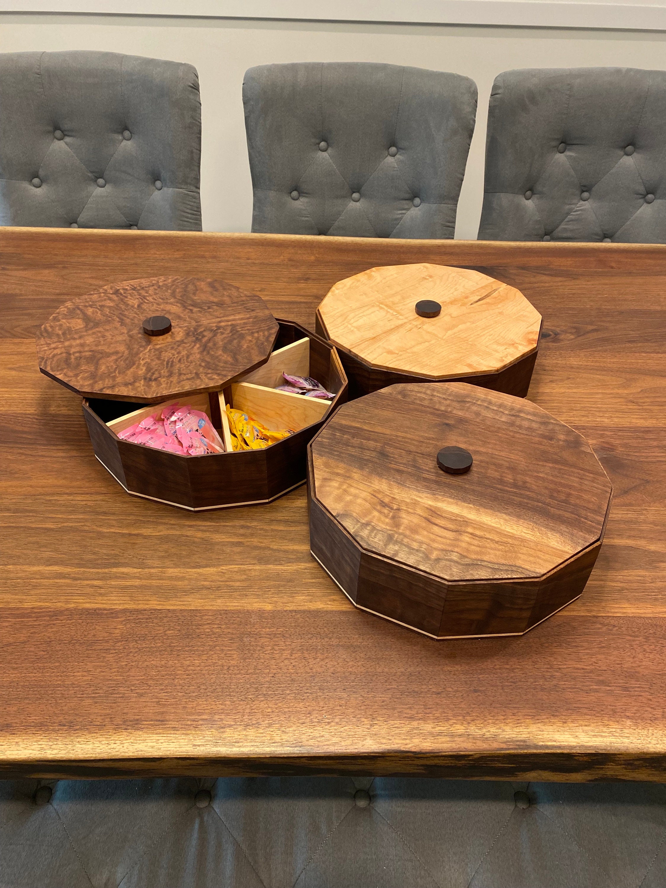 Walnut & Maple Dodecagon 12-sided Solid Wood Candy Sweet Box With Lid ...
