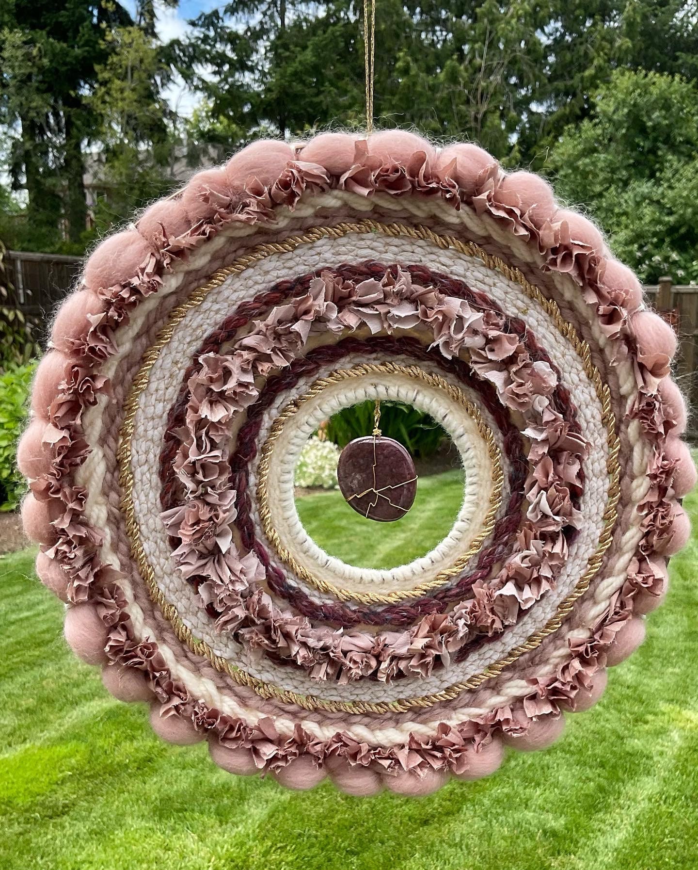 Round Woven Wall Art With Decorative Stone Pink Dusty Rose - Etsy