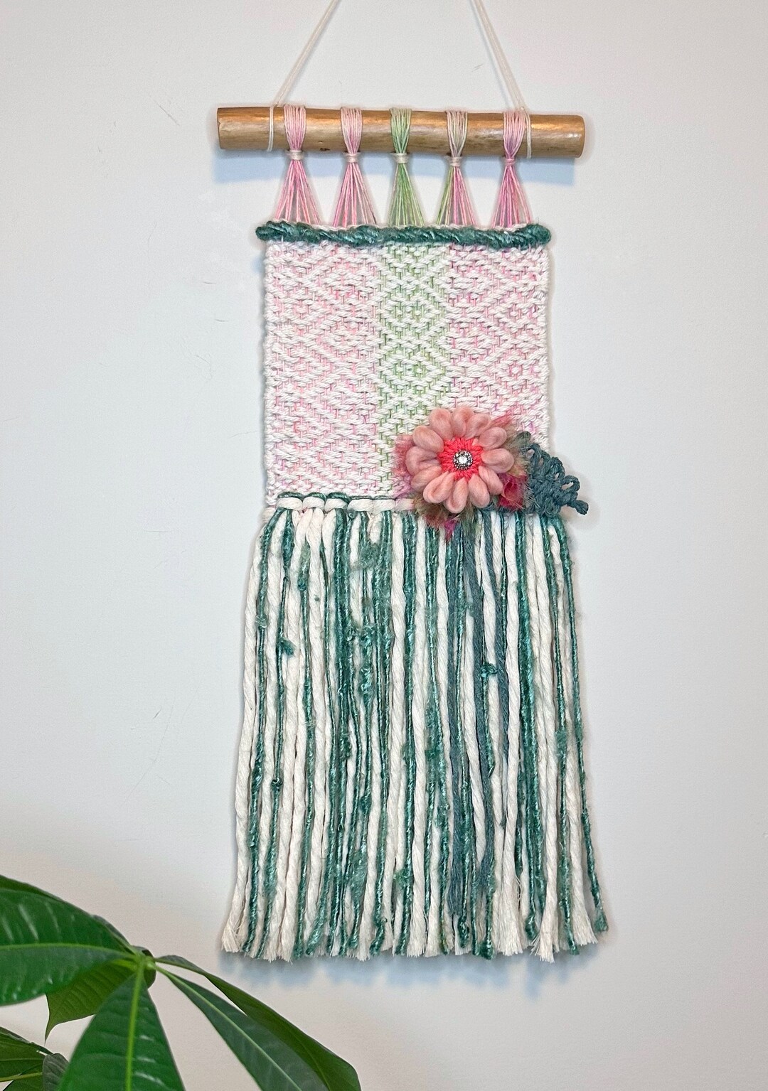 Pink and Green Woven Wall Hanging | Floral Wall Art | Cottage Core Wall ...