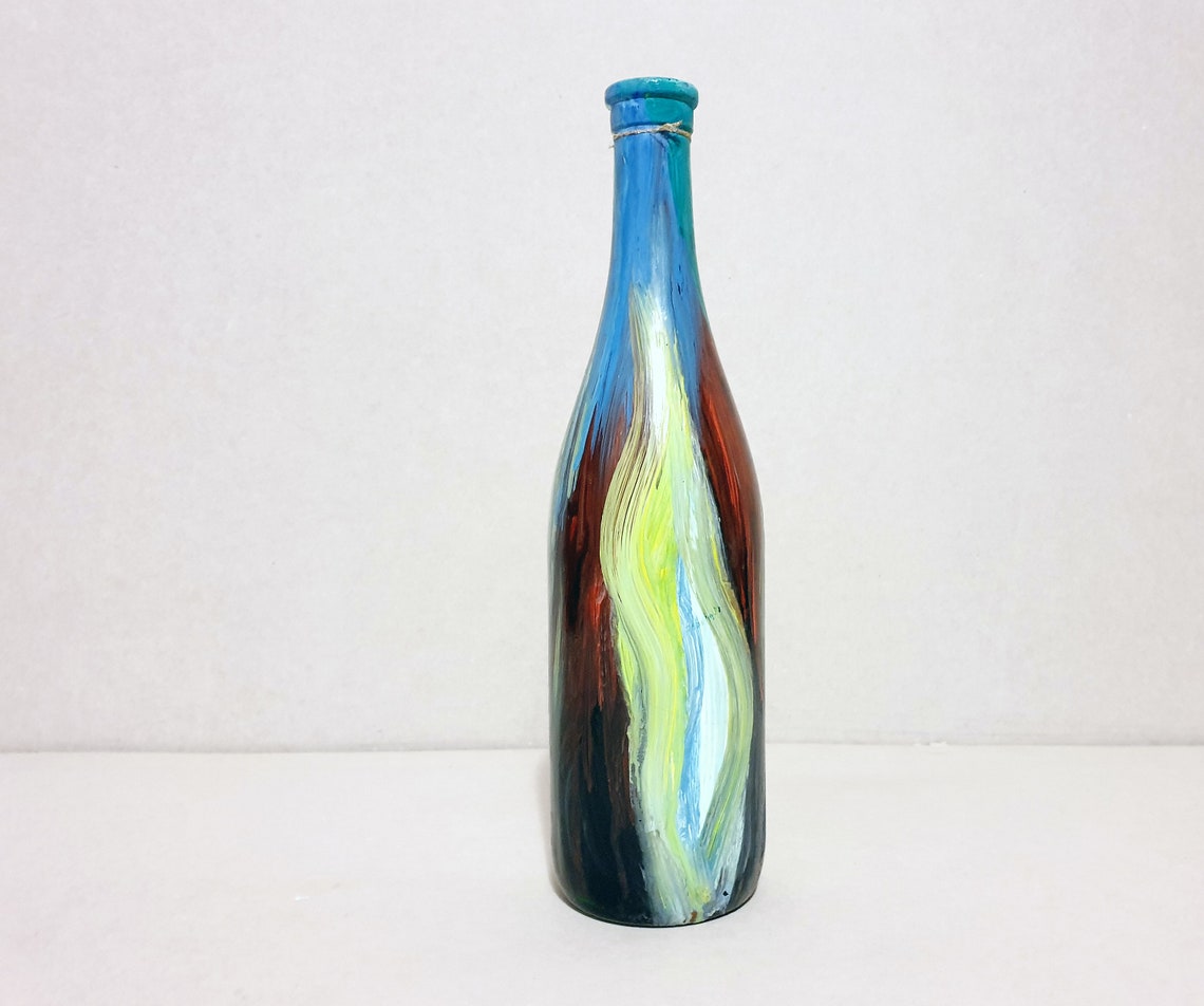 Vintage Abstract Art Handpainted Decorative Bottle, Unique Glass Bottle ...