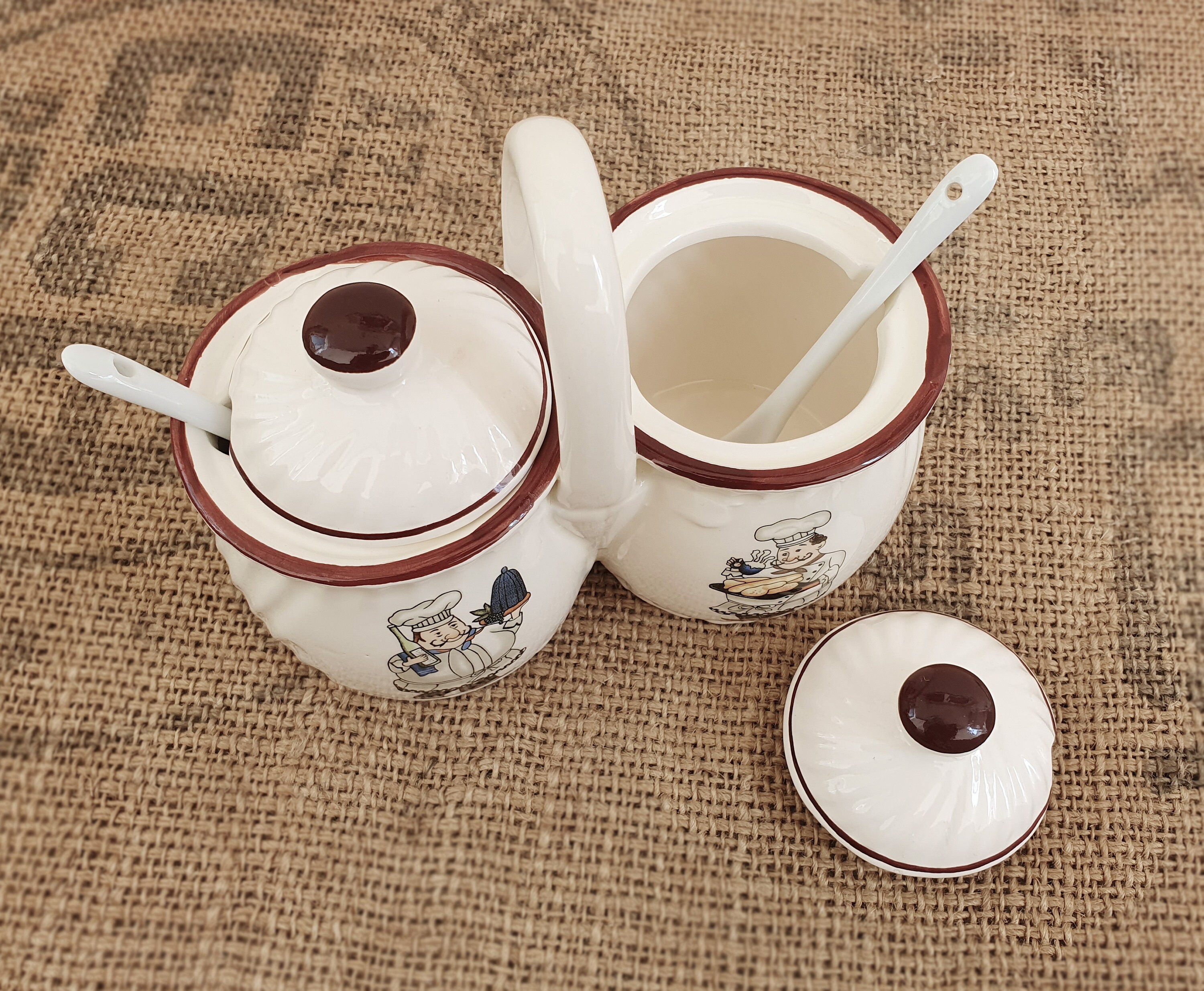 Vintage Porcelain Double Spice Jar Lidded With Spoons Chef - Etsy