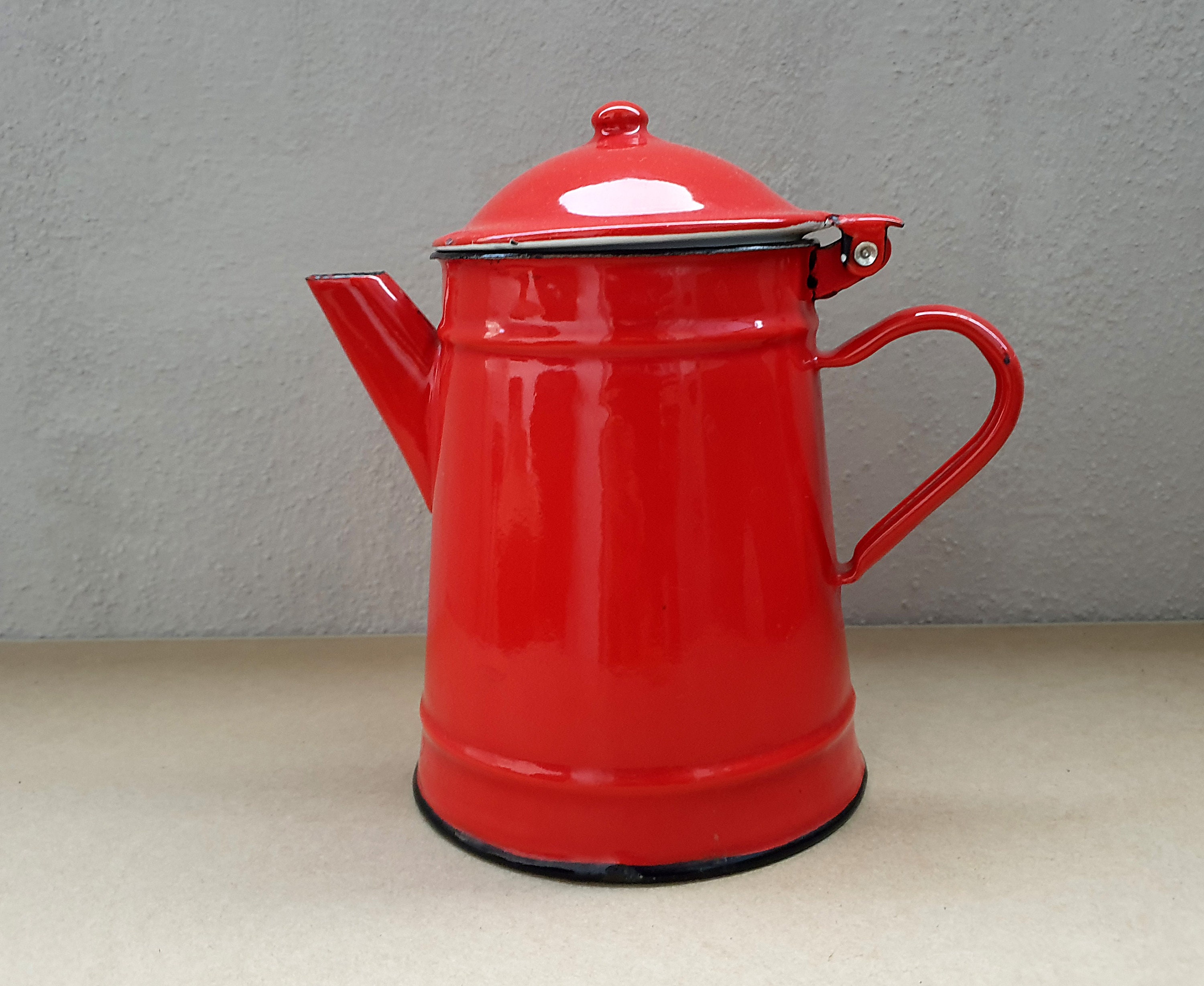 Vintage Red Enamel Teapot 70s Rustic Kitchen Decor - Etsy