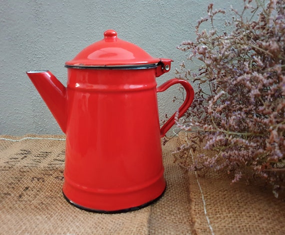 Vintage Red Enamel Teapot 70s Rustic Kitchen Decor | Etsy