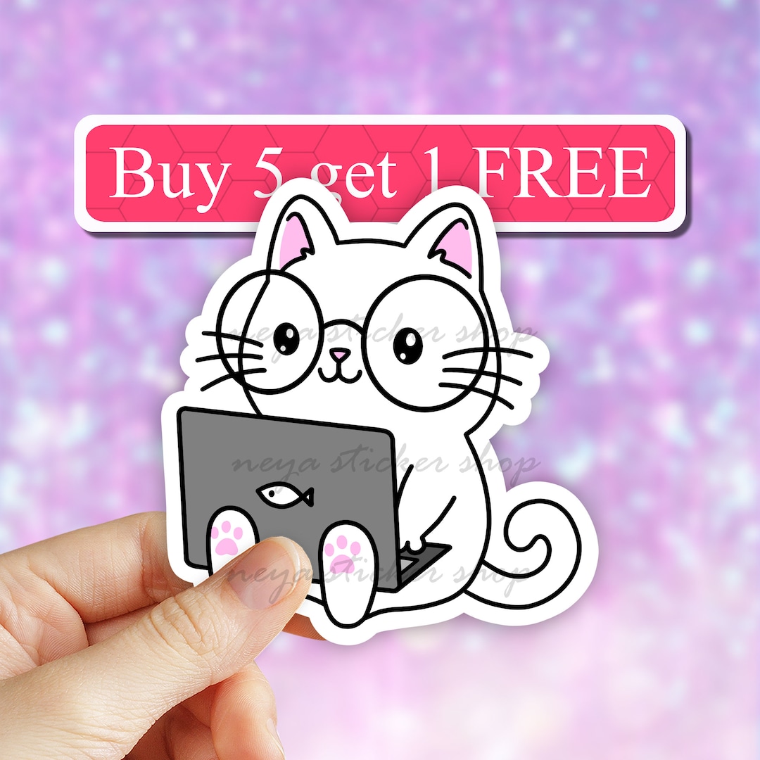 Nerdy Working Cat on Laptop Sticker, Cat Mom Funny Sticker, Laptop ...