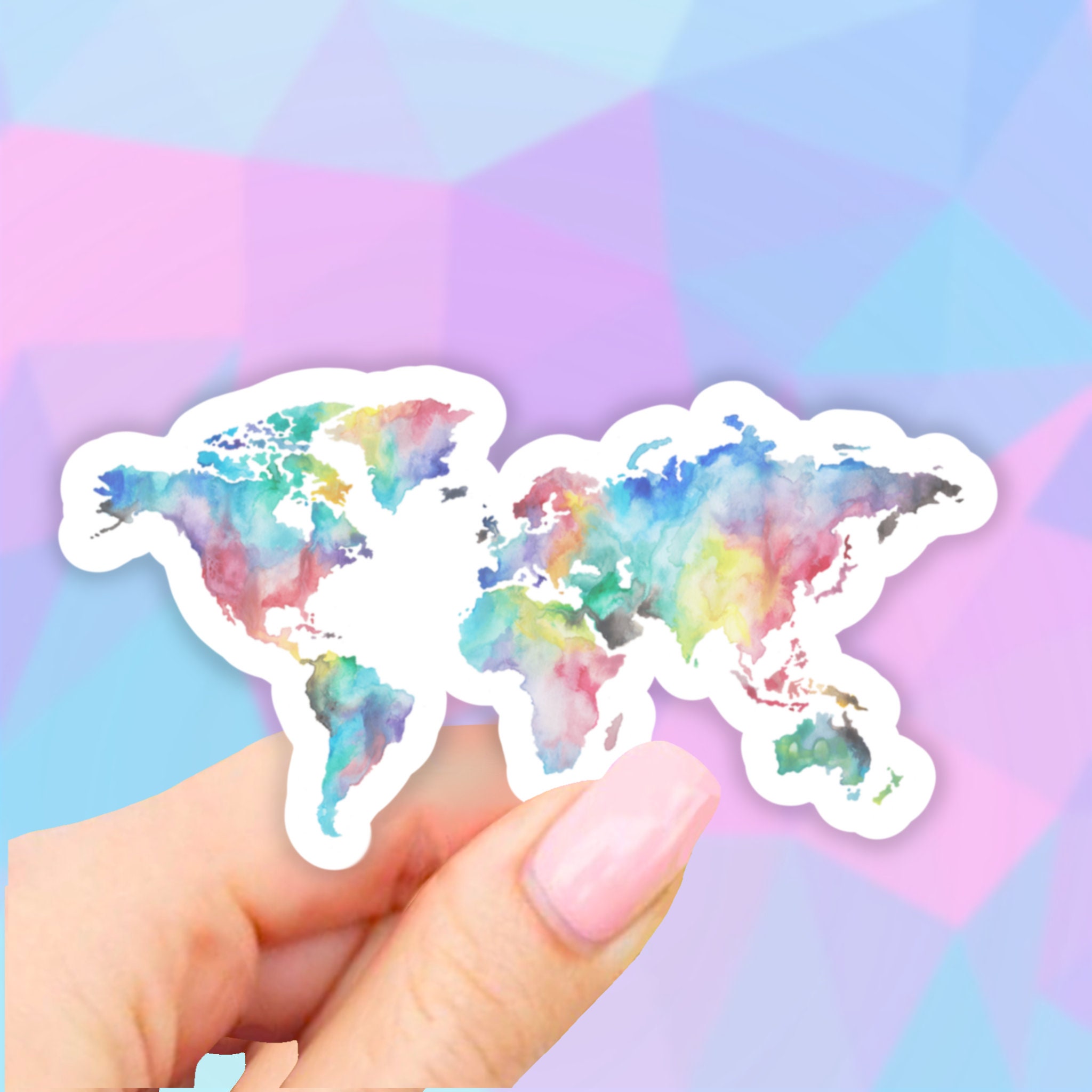 Watercolor World map Sticker Hand drawn Travel Laptop | Etsy