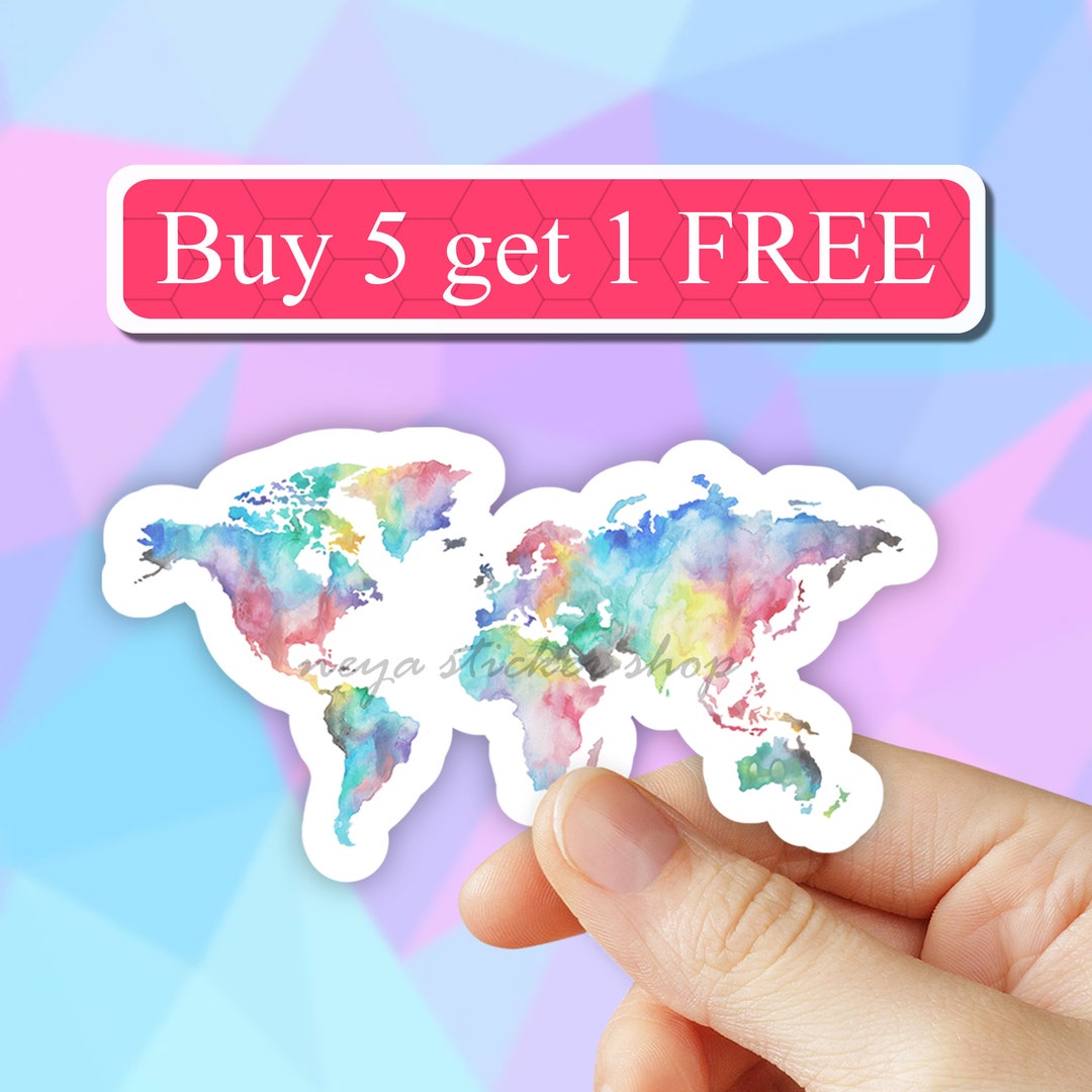 Watercolor World Map Sticker, Hand Drawn Travel Laptop Sticker ...