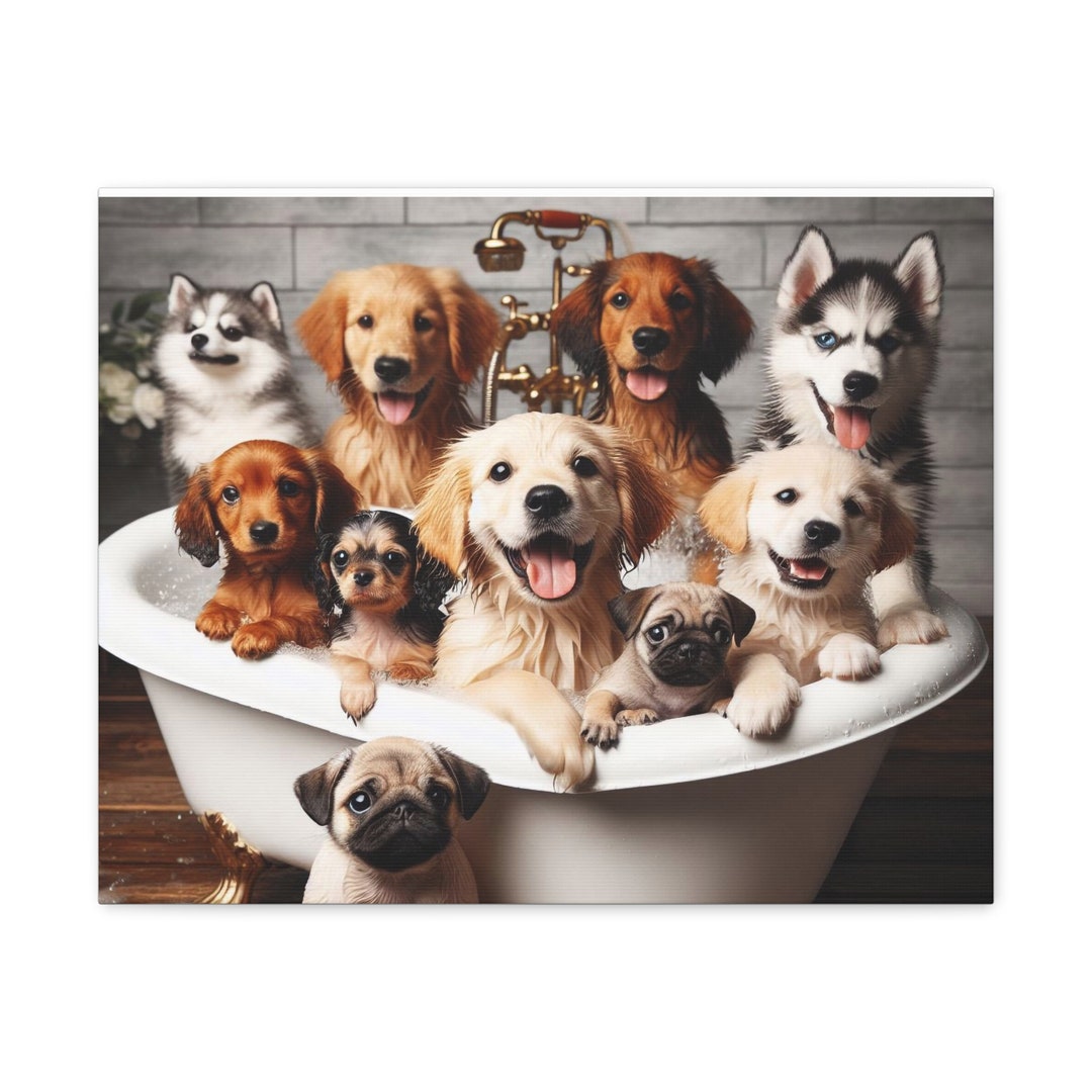 Dogs in Bathtub, Bathroom Animal Art, Funny Canvas Art, Puppy Wall Art ...