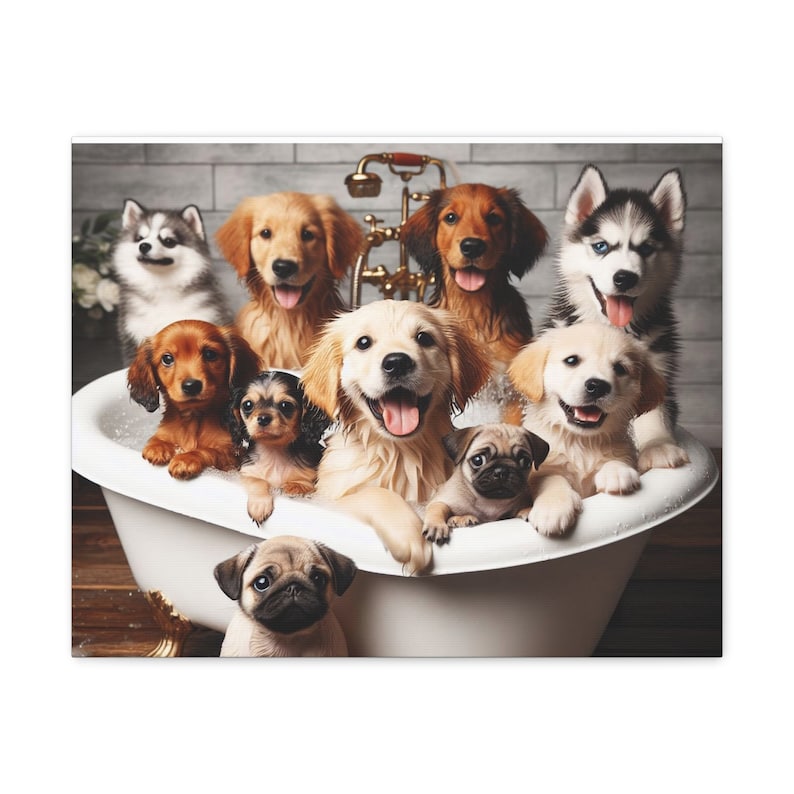 Dogs in Bathtub, Bathroom Animal Art, Funny Canvas Art, Puppy Wall Art ...