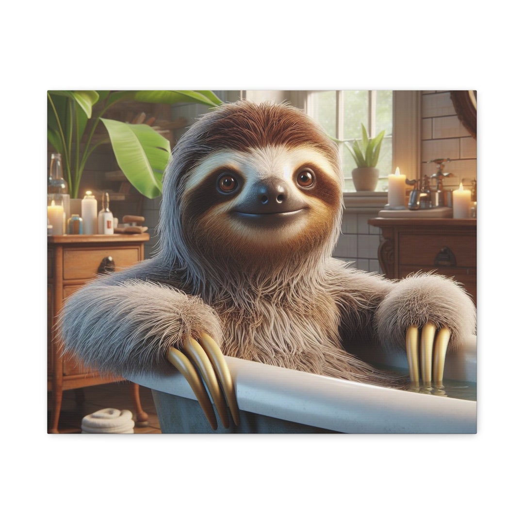Sloth in Bathtub, Bathroom Animal Art, Funny Canvas Art, Sloth Wall Art ...