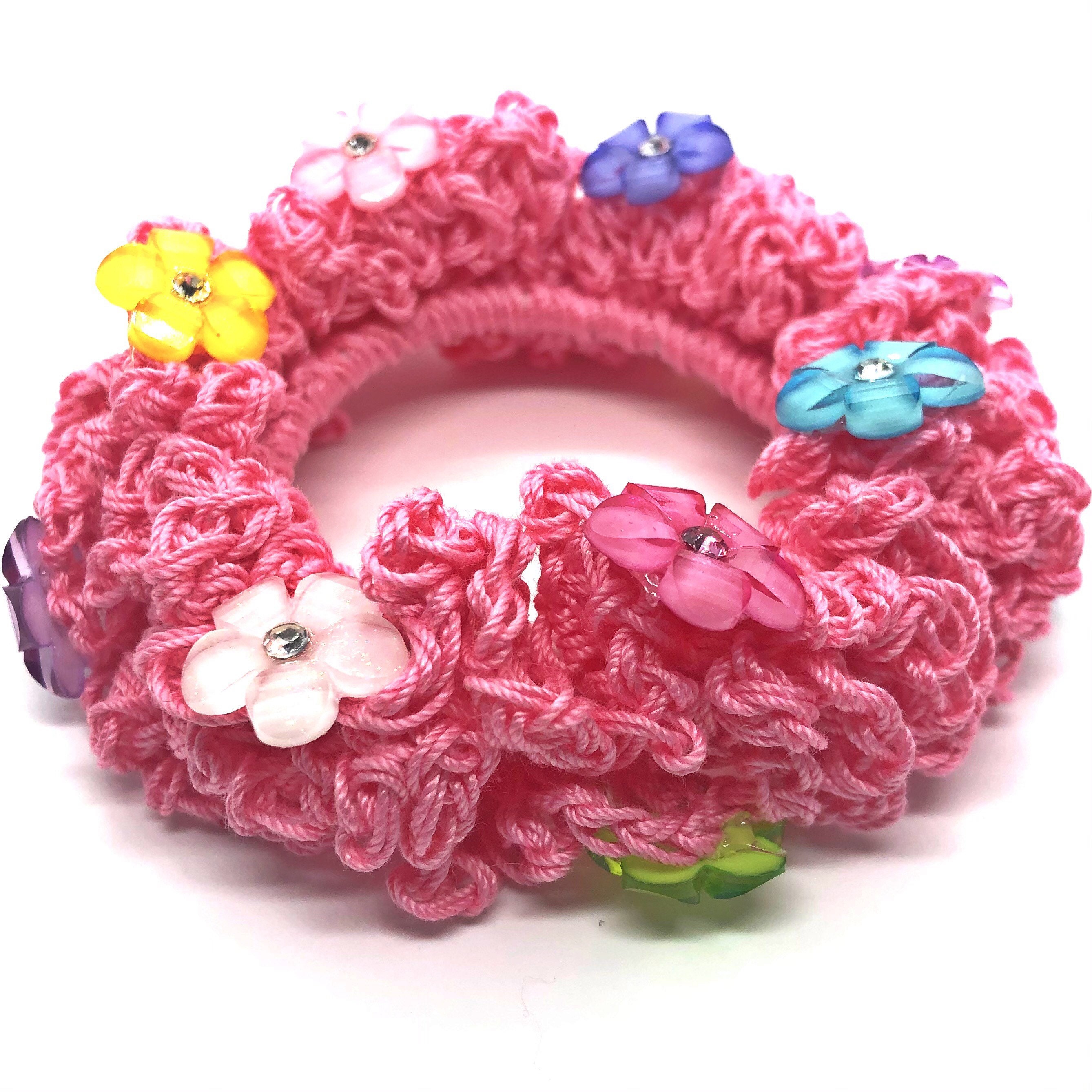 Crocheted Pink Scrunchie With Flower Embellishments Etsy