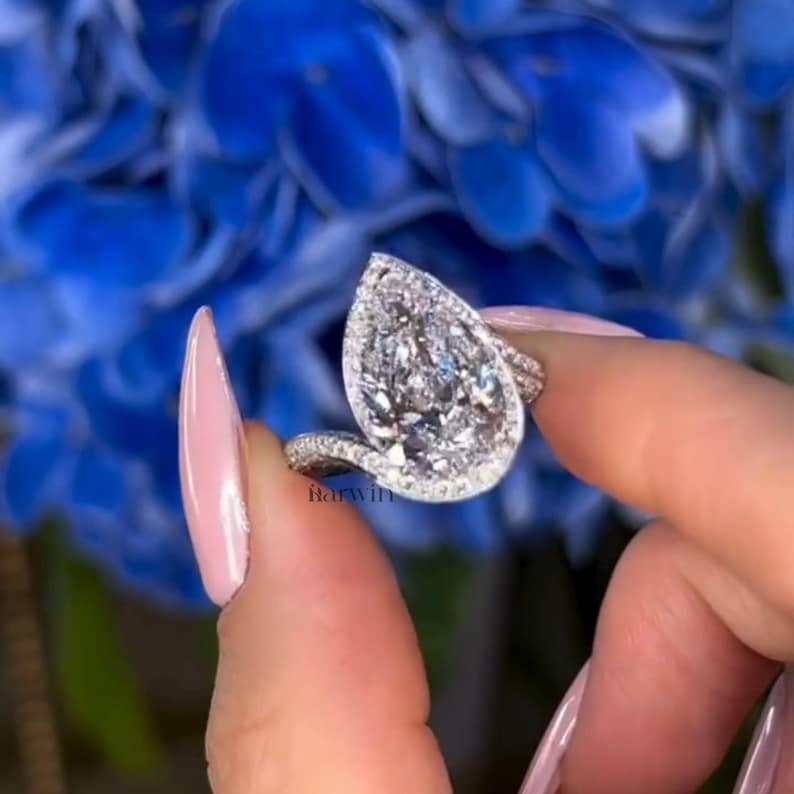 4 CT Pear Cut Moissanite Engagement Ring 18k White Gold Three-row Halo ...