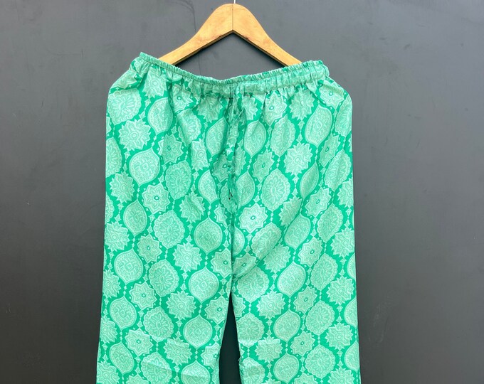 Green Floral Print Silk Pajama Pants, Women Lounge Pants, Beach Pants ...