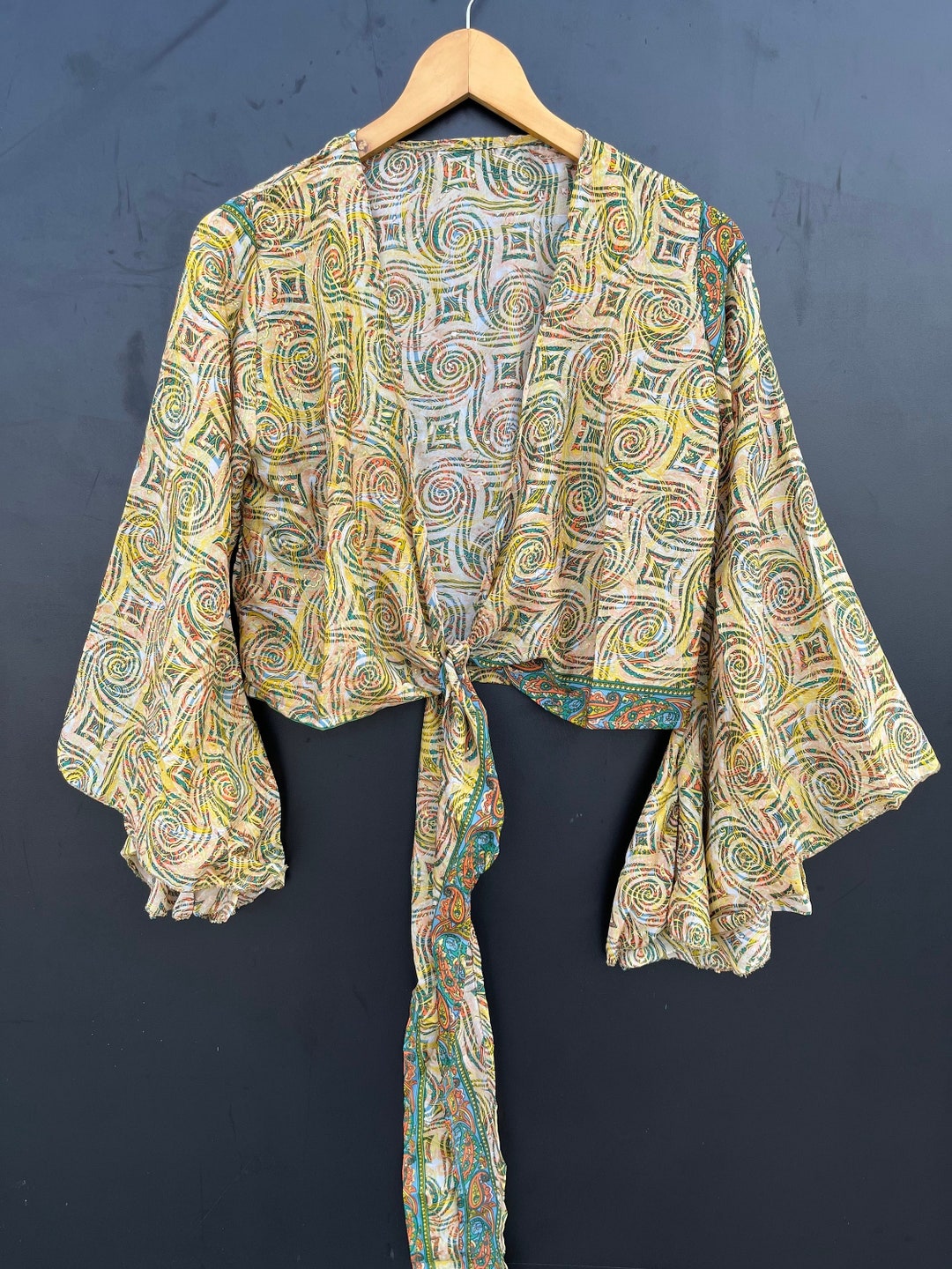 100% Silk Retro Crop Top With Bell Sleeve and Front Tie 60s Style Wrap ...