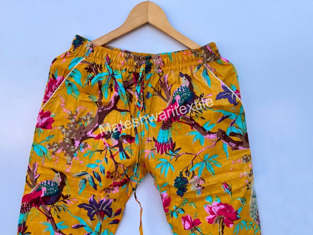Bird Print Cotton Pajama Pants, Women Lounge Pants, Beach Pants, Floral ...