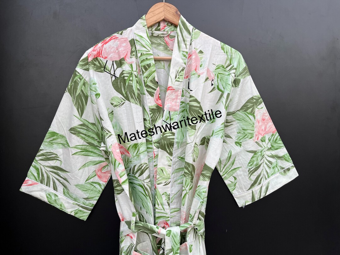 Flamingo Cotton Kimono Dress, Bath Robe Kimono, Hand Block Printed ...