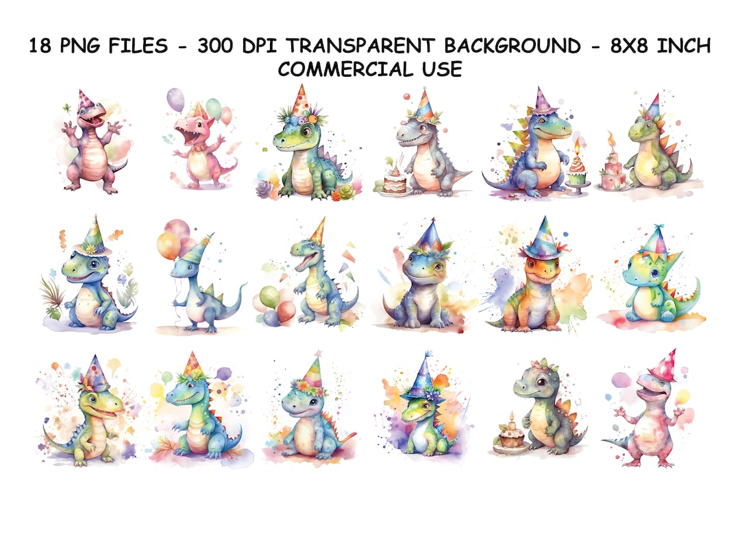 DINOSAUR BIRTHDAY WATERCOLOR Clipart, Dinosaur Birthday Watercolor Png ...
