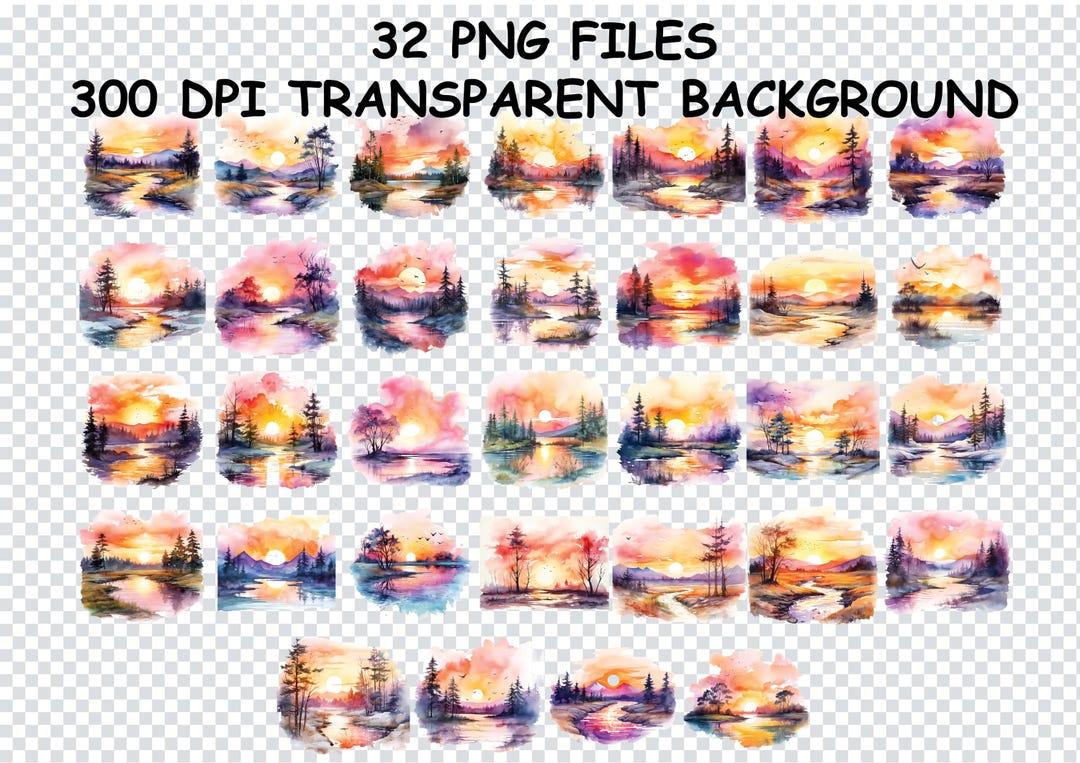 WATERCOLOR SUNSET PNG, Sunset Landscape Png, Nature Wall Png, Scenic ...