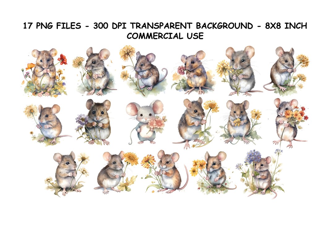 MOUSE With FLOWER WATERCOLOR Png, Mouse and Flower Clipart, Mouse and ...